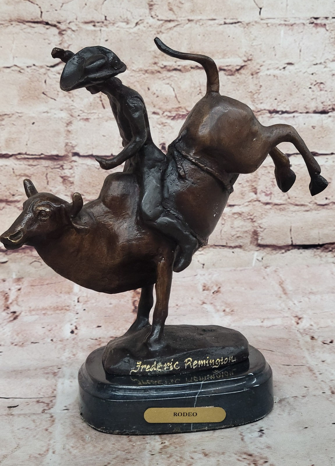 Bronze Marble Statue Rodeo Western Cowboy Bull Rodeo Rider Figurine