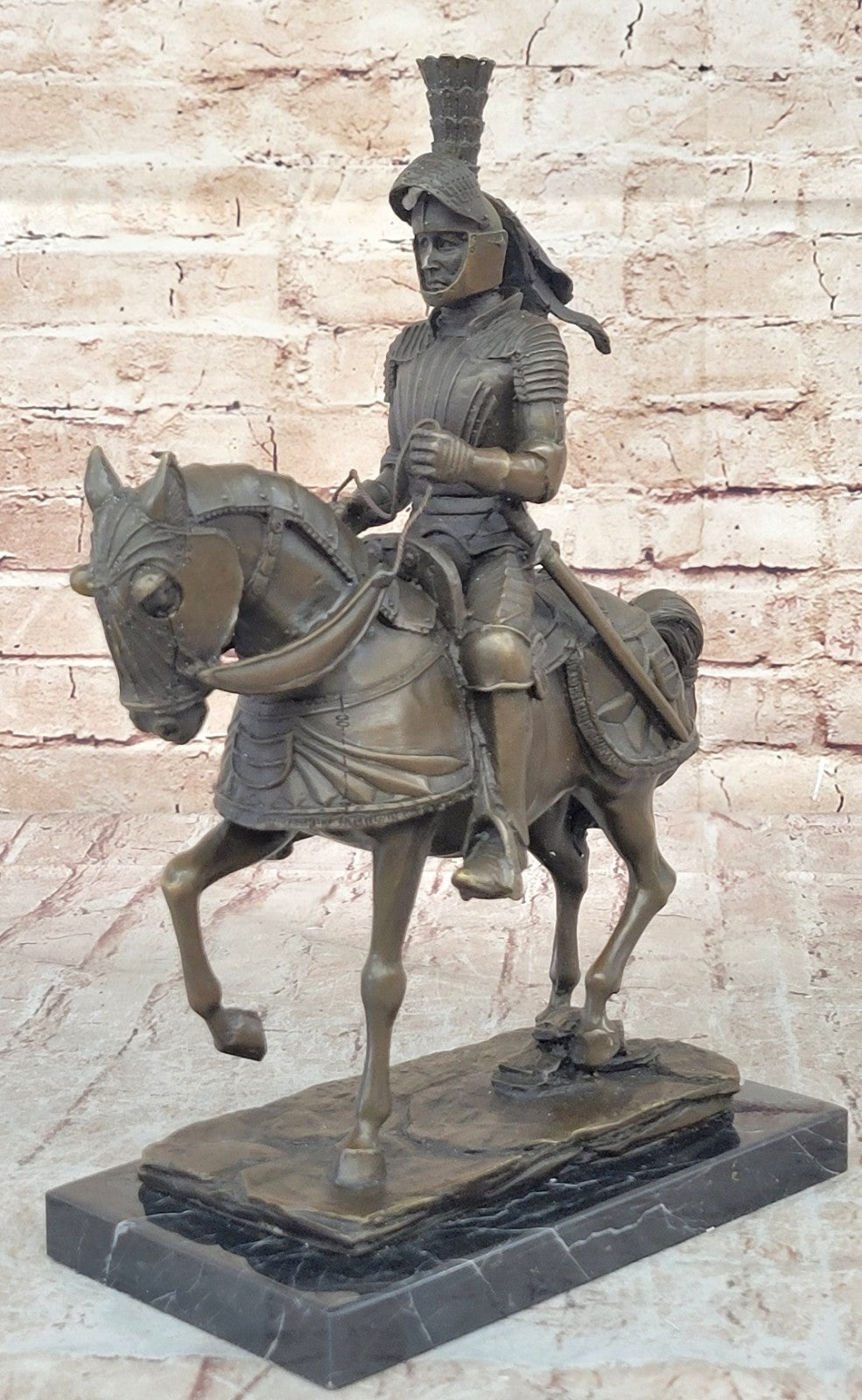 Bronze Sculpture Soldier Medieval Knight Armor Riding Horse Souvenirs
