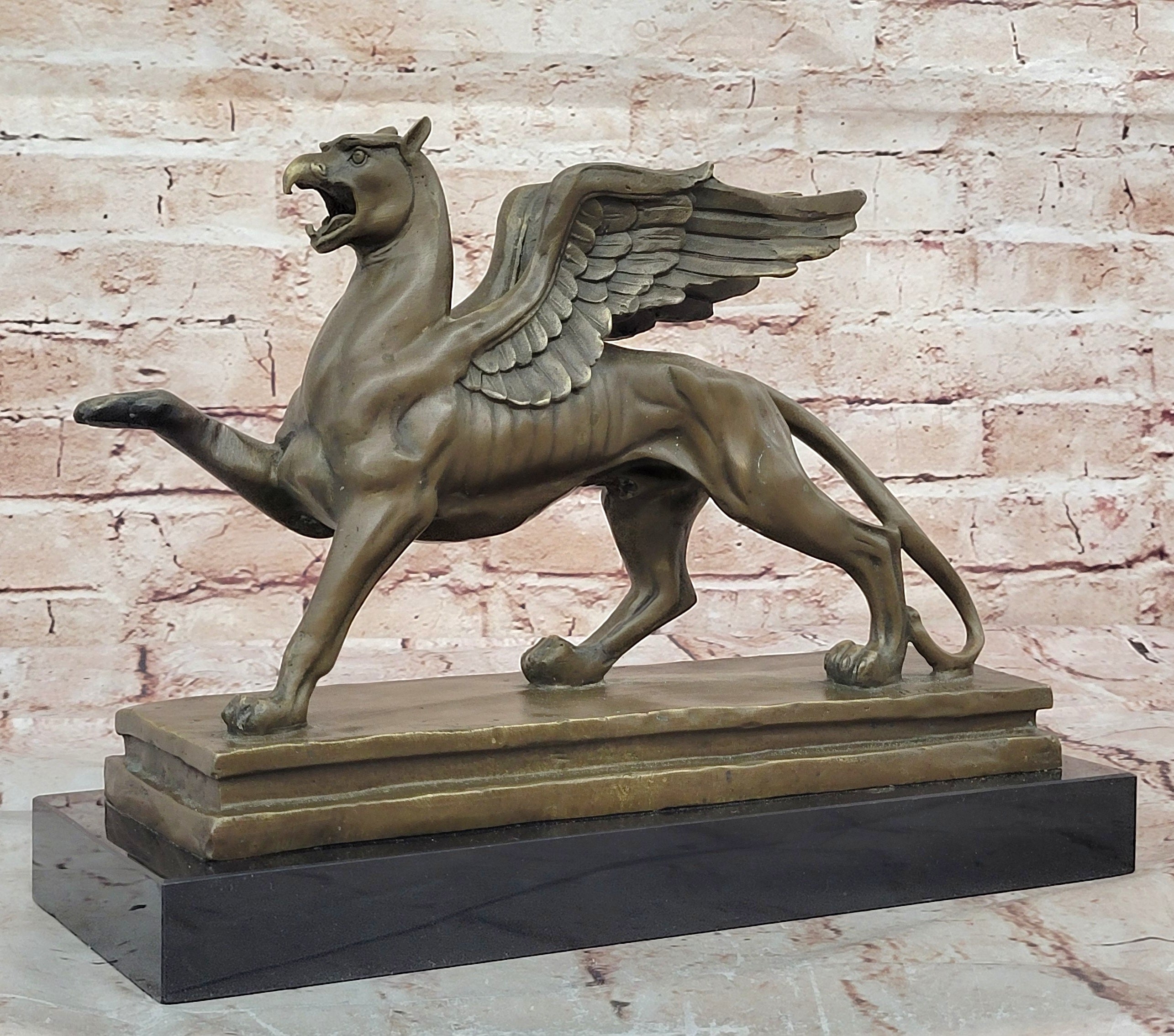 Bronze Griffin Sculpture Marble Base Mythical Decor Art