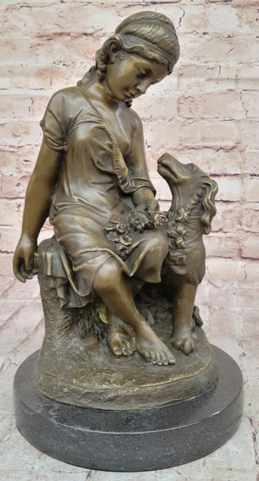 Hand Made Detailed Woman and her Dog by Lost Wax Method Bronze Sculptu