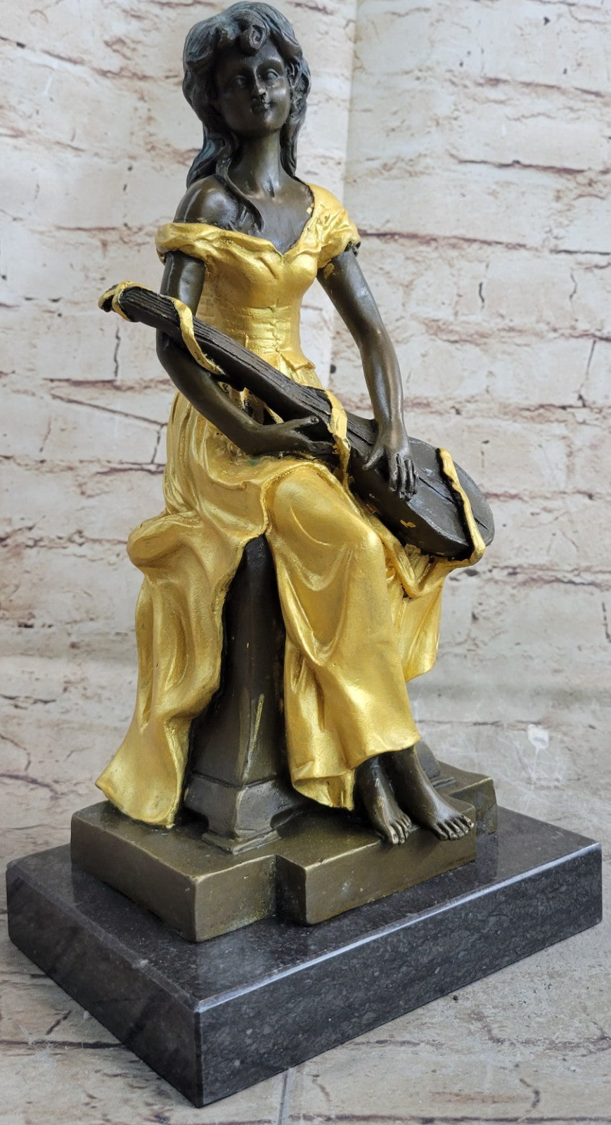 Female Banjo Player Genuine Solid Bronze Sculpture Marble Statue Figur