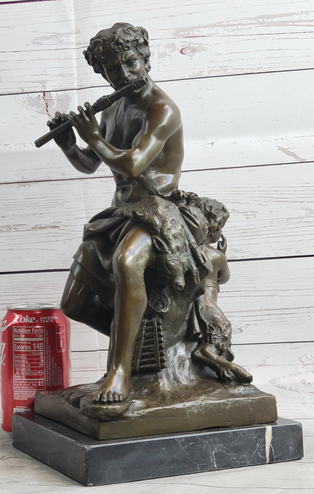 Genuine Bronze Statue - Shepherd and Satyr Boy Sculpture by Pan and In