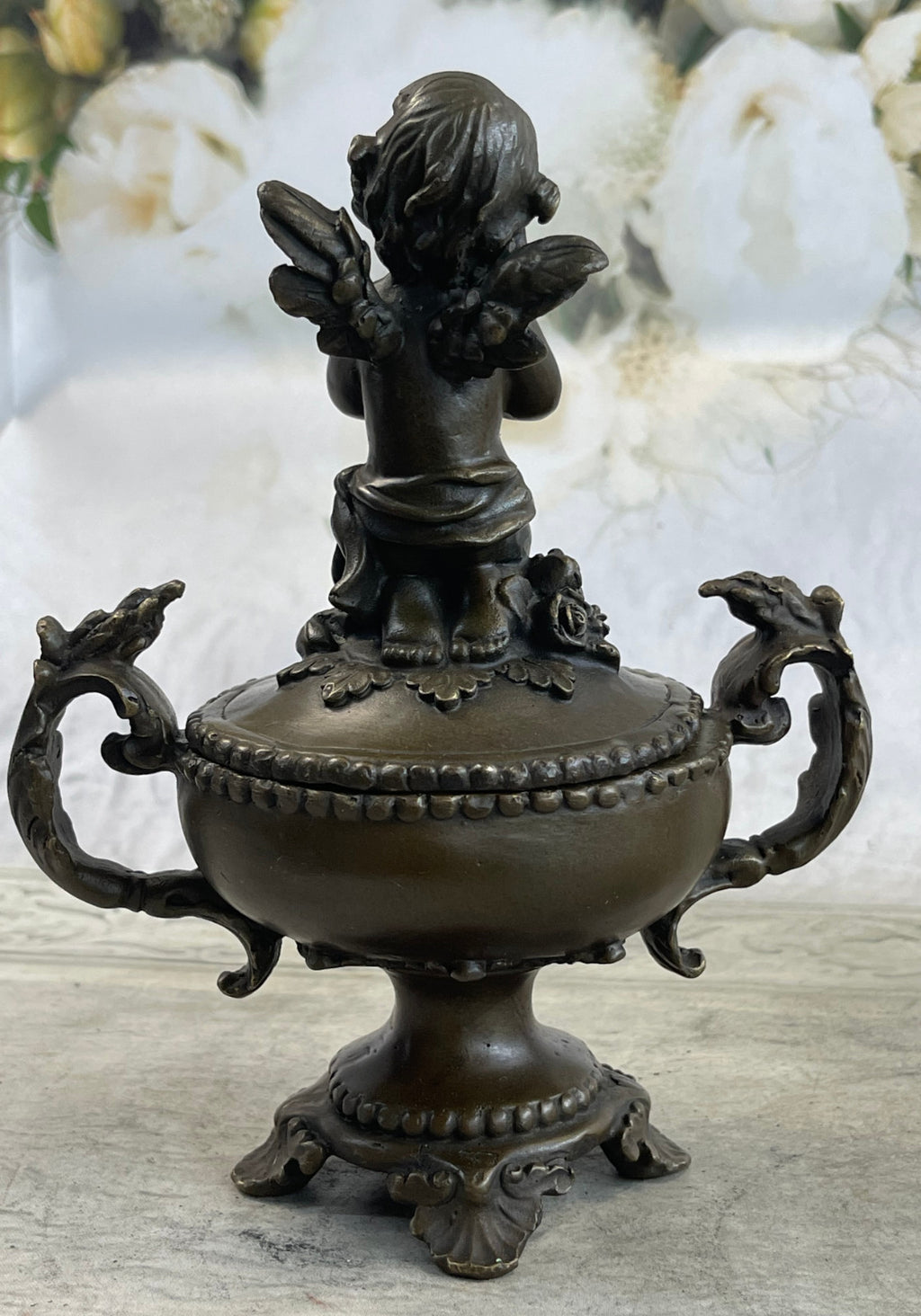 Bronze Sculpture Mythical Putti Angel Jewelry Box Detailed Classic Art