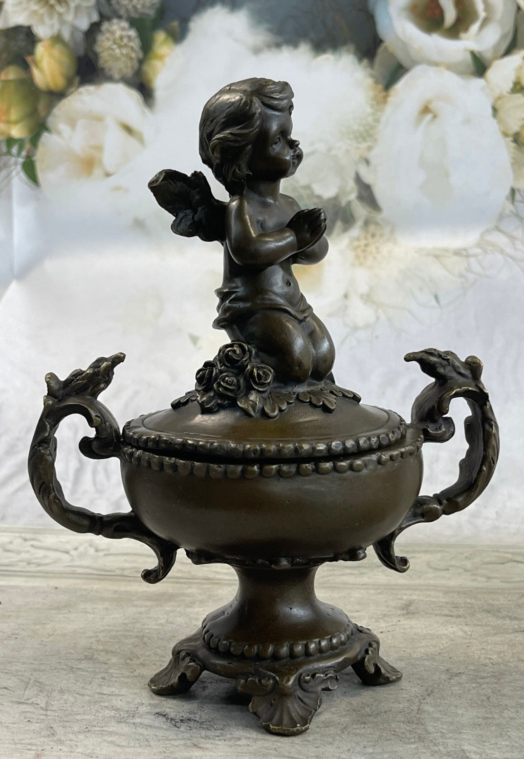 Bronze Sculpture Mythical Putti Angel Jewelry Box Detailed Classic Art